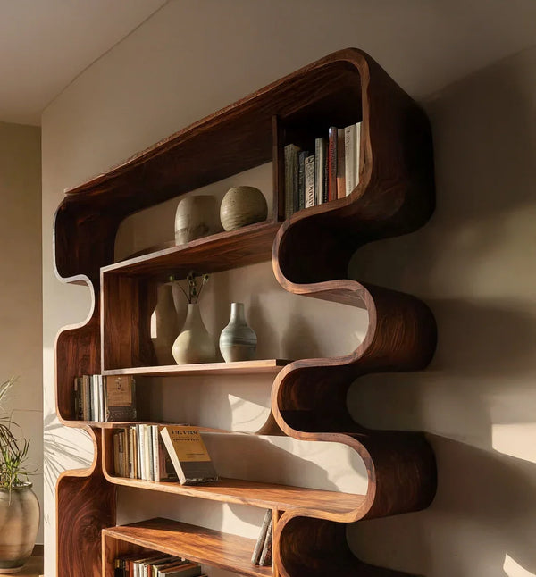 Modern Wooden Bookshelf with Sculptural Curved Design – Contemporary D