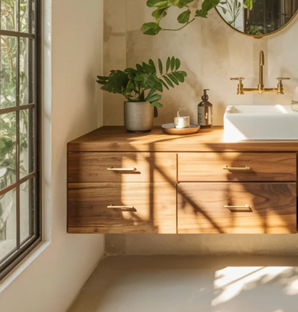Floating Wooden Bathroom Vanity – Handmade Rustic Solid Wood Sink Cabi