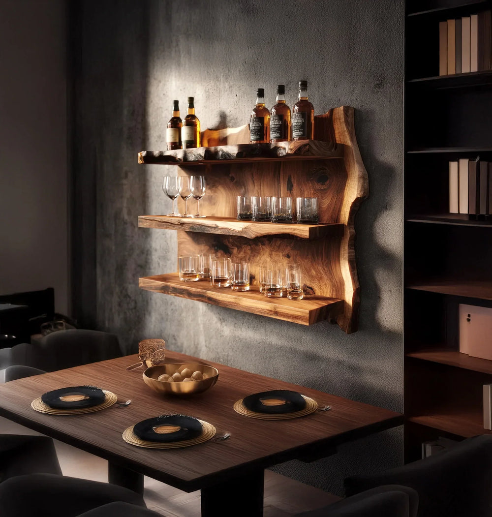 Live Edge Floating Bar Shelf – Handcrafted Solid Wood Wall Bar, Rustic