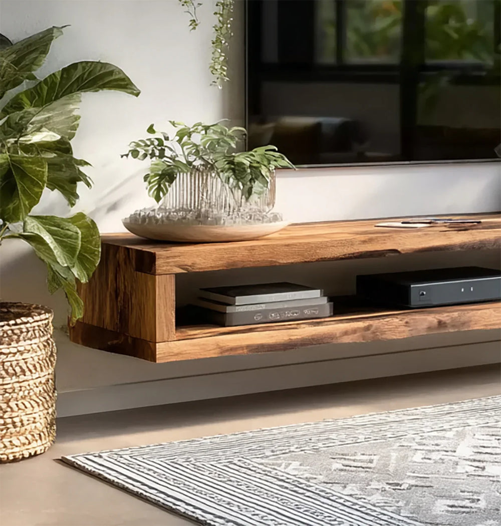 Modern Live Edge Floating TV Console – Handmade Solid Wood Wall Mounte