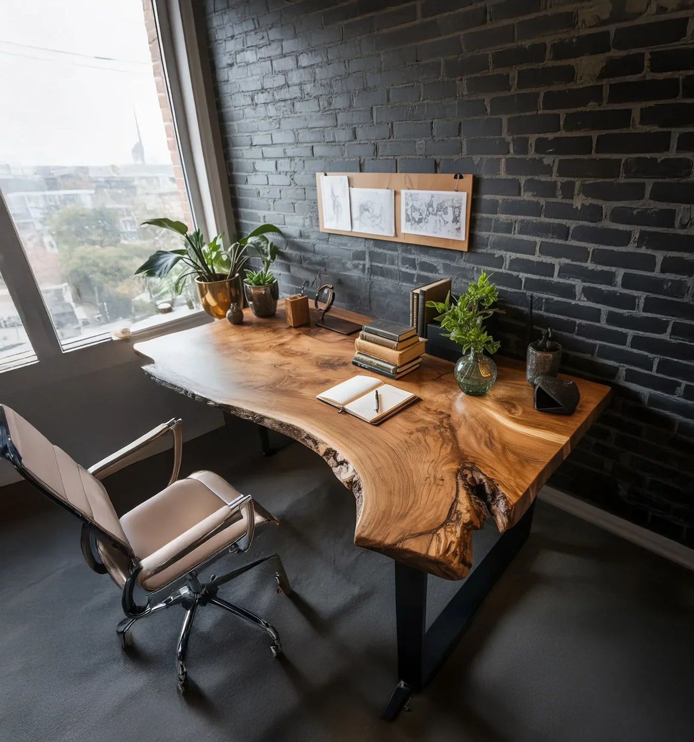 Rustic Live Edge Wooden Desk with Drawers for Home Office