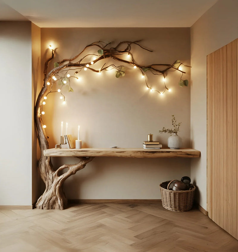 Live Edge Tree Branch Console Table with Ambient Lighting – Handcrafte