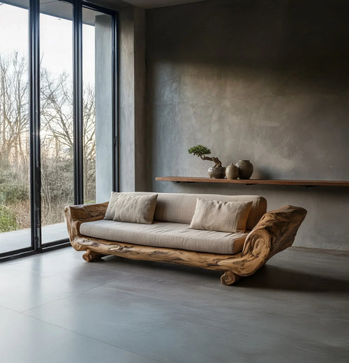 Handmade Solid Wood Sofa – Rustic Japanese Minimalist Floor Couch for